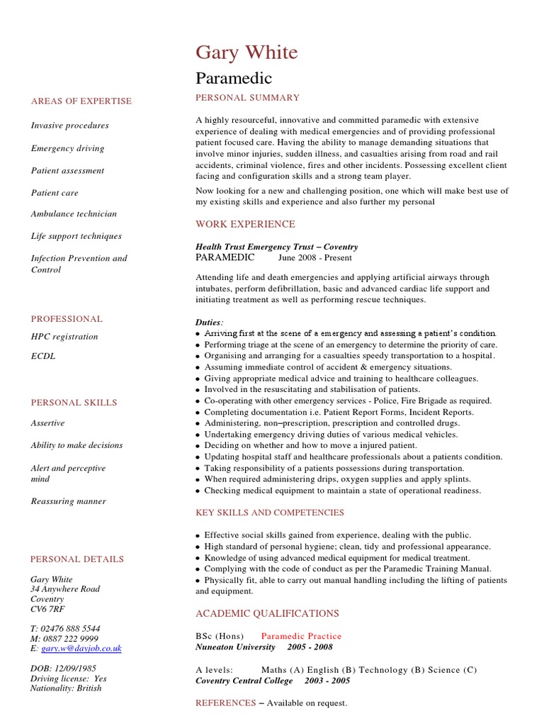 Paramedic CV Sample | PDF | Emergency Department | Paramedic
