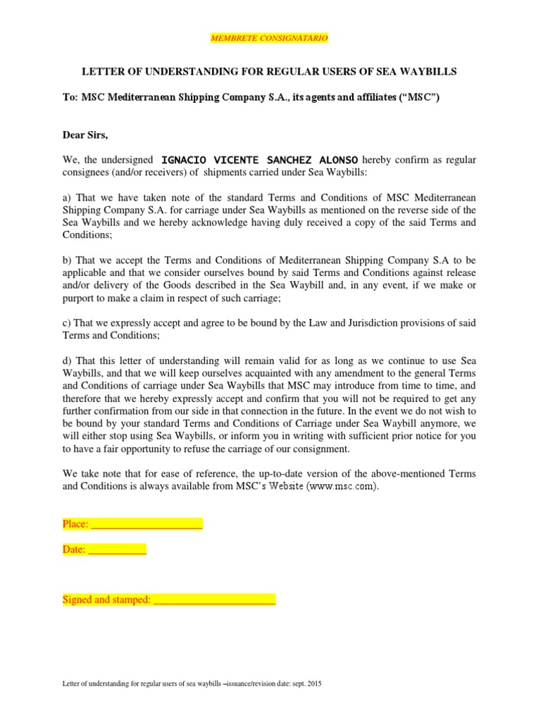 Consignee Gen Letter Undertaking SeaWaybill | PDF | Business | Finance ...