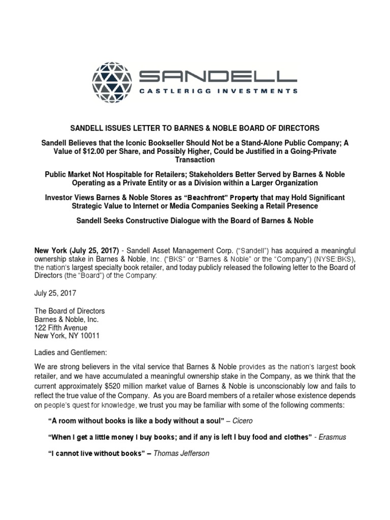 Sandell Asset Management Letter To Barnes & Noble | PDF | Barnes ...