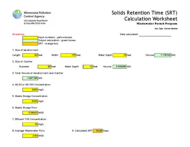 Solids Retention Time (SRT) Calculation Worksheet: Directions | PDF
