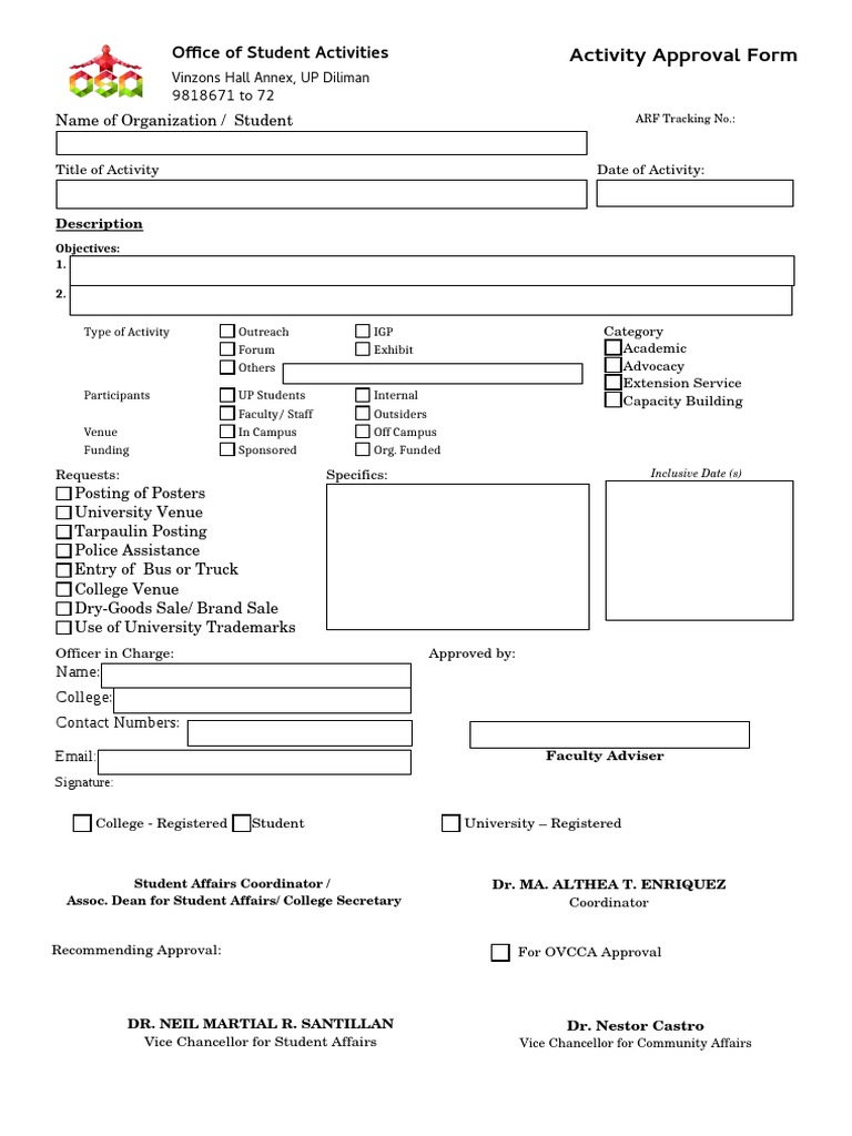 Office of Student Activities: Activity Approval Form | PDF | Business | Students