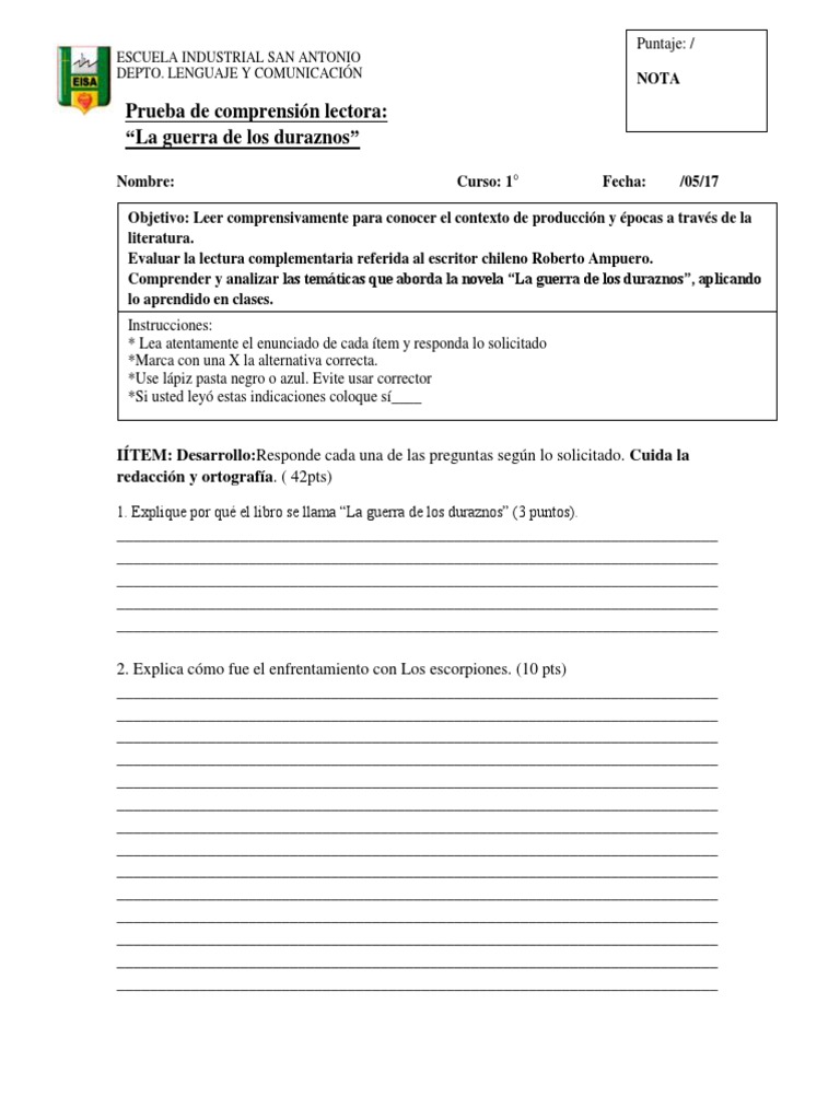 Prueba Comprension Lectora LaGuerradeLosDuraznos | PDF | Chile ...