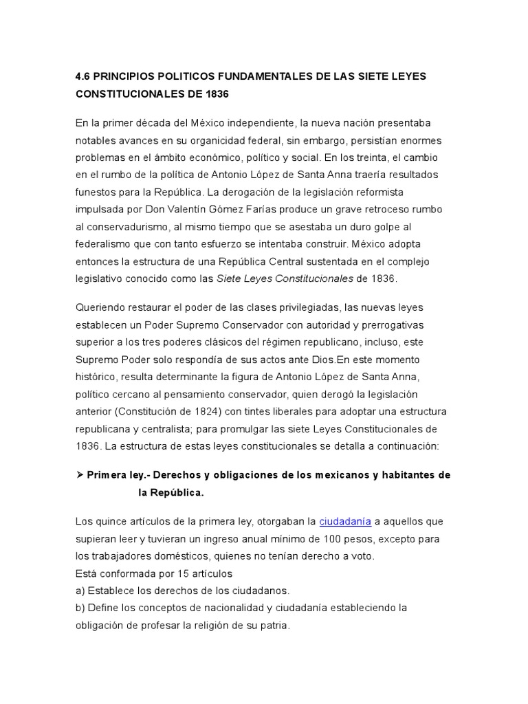 Las Siete Leyes de 1836: Centralismo Mexicano | PDF | Derecho ...