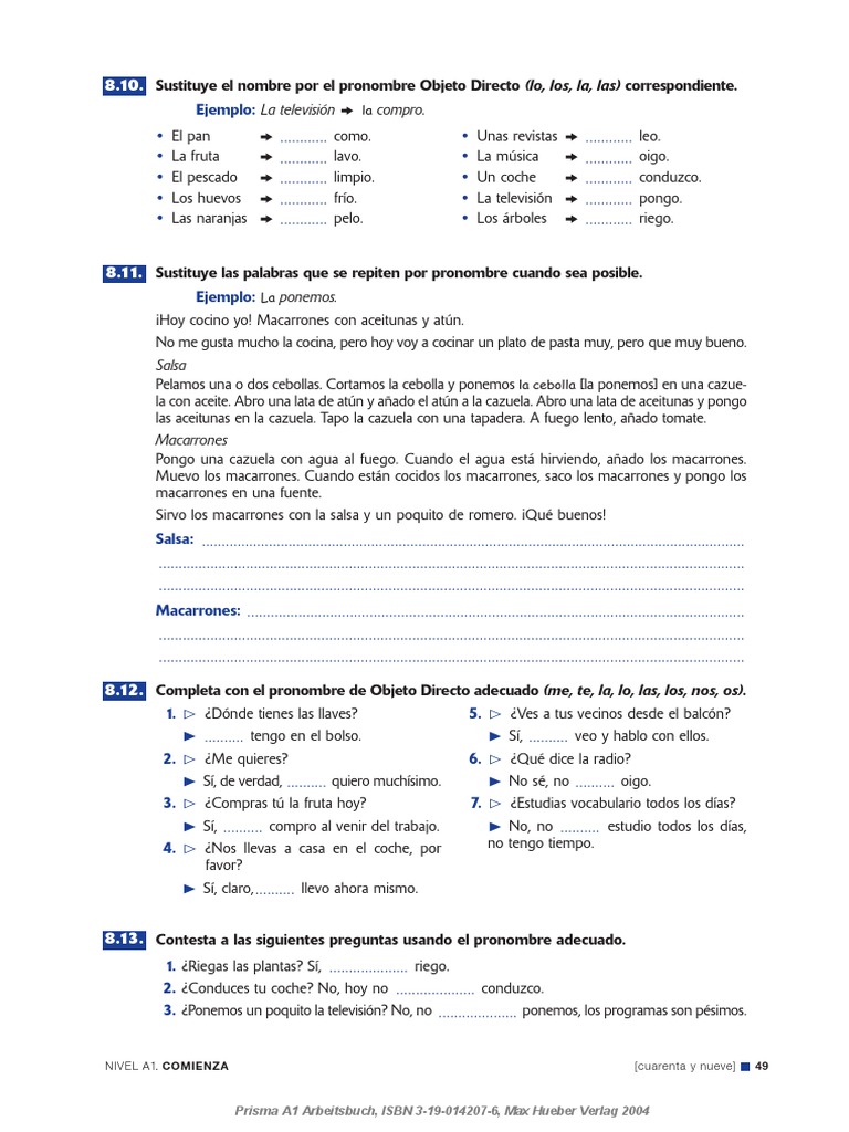 Ejercicios Complemento Directo | PDF | Cocinando | Alimentos