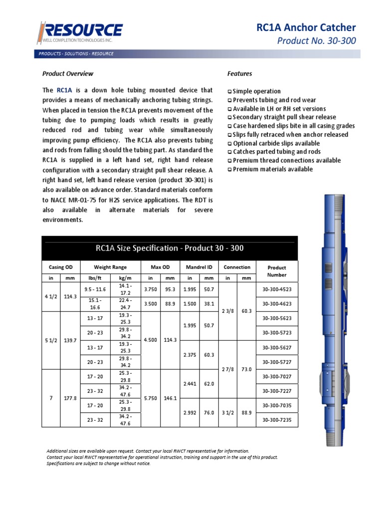 RC1A Anchor Catcher: A Downhole Tubing Mounted Device for Mechanically ...