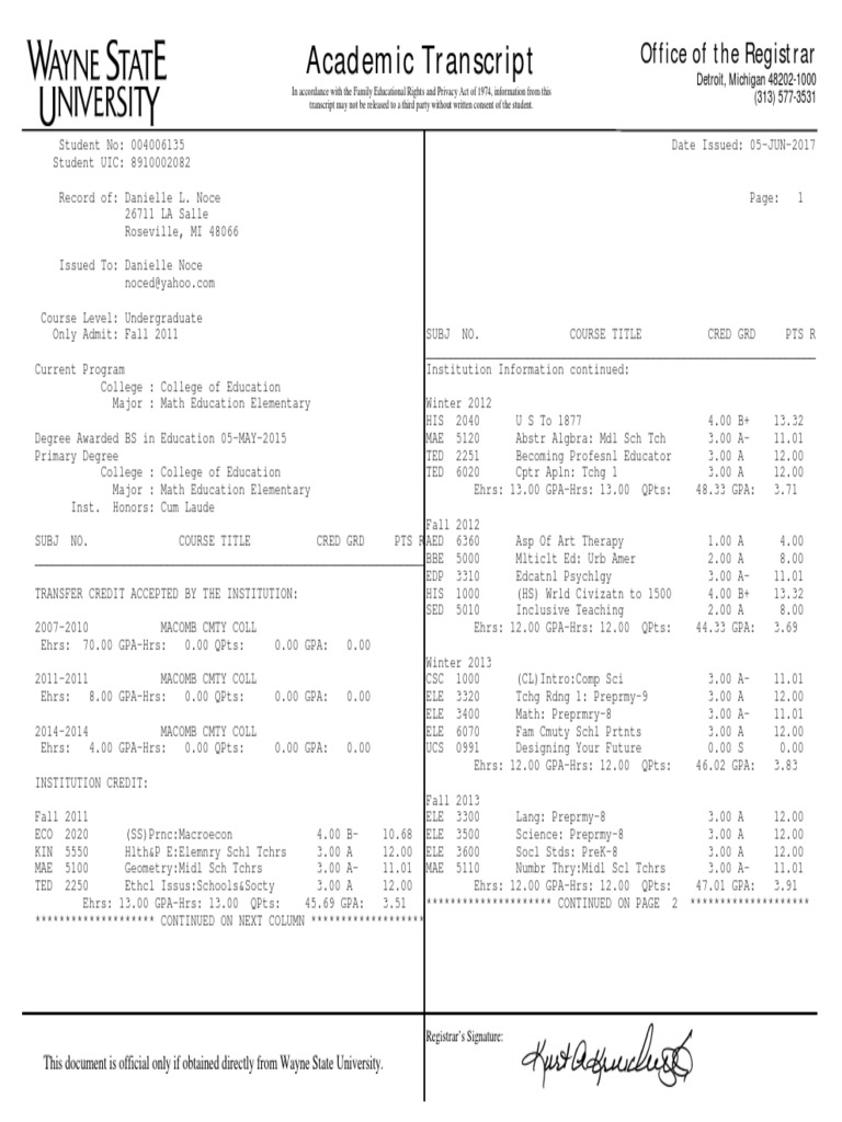 Official Transcript | PDF | Graduate School | Course Credit