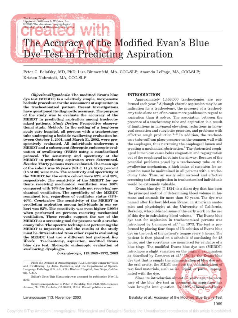 Blue Dye Test in Predicting Aspiration | PDF | Sensitivity And ...