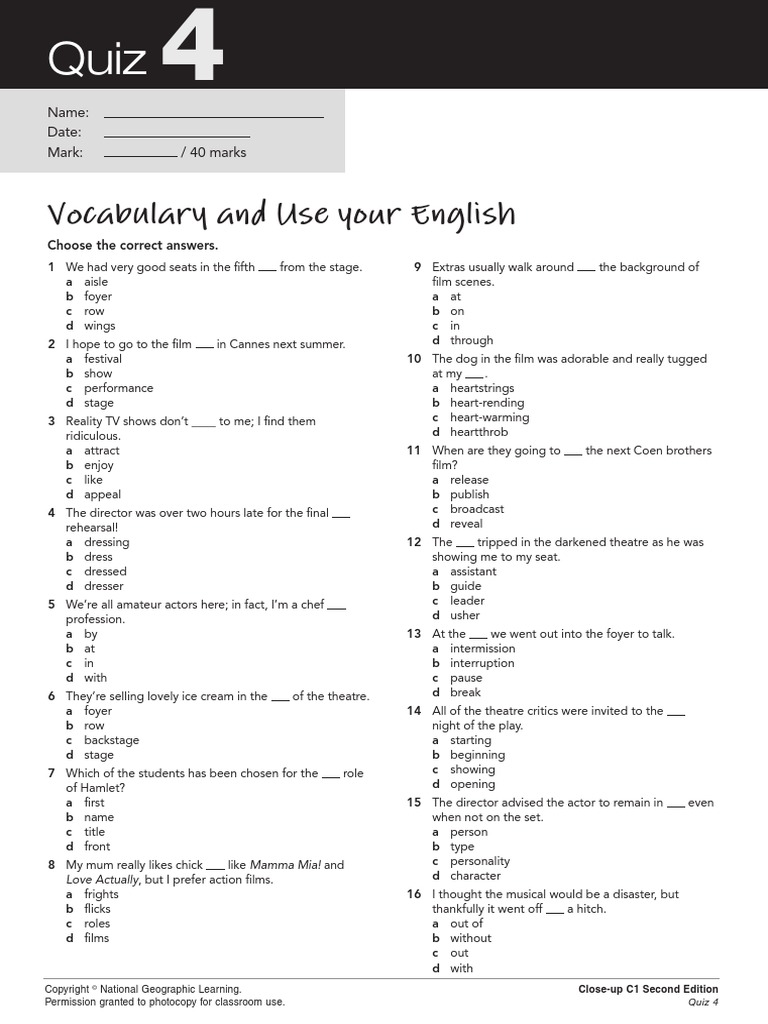 Close Up C1 Quiz 4 | PDF | Leisure