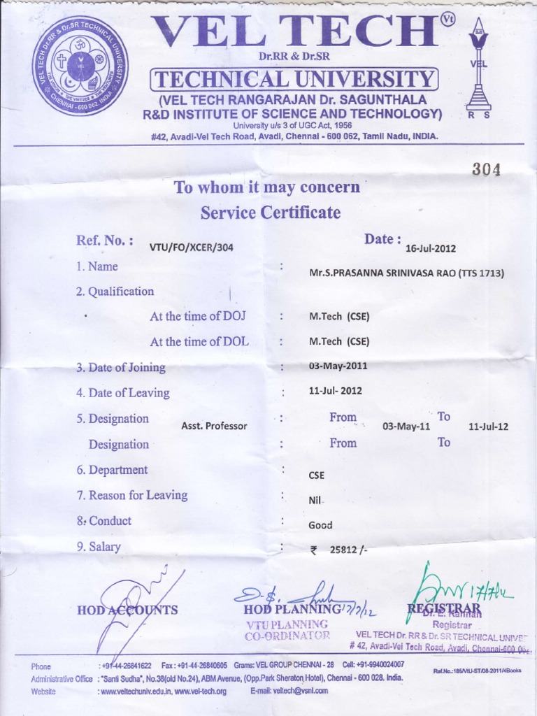 Teaching Experience Certificate From Veltech | PDF