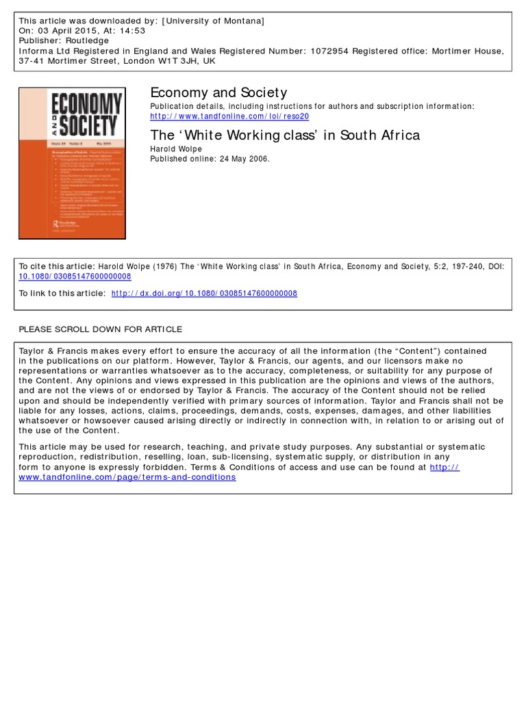 Wolpe, 1976, The White Working Class... | PDF | Exploitation Of Labour ...