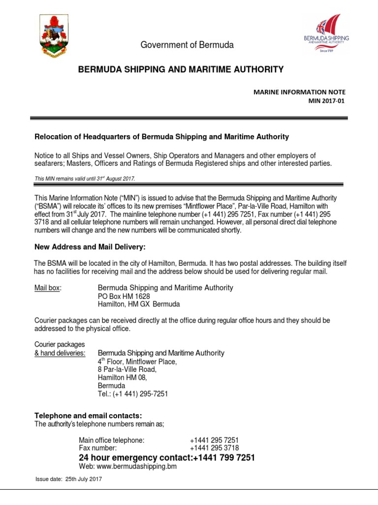 Relocation - Bermuda Shipping and Maritime Authority | Mail | Written ...