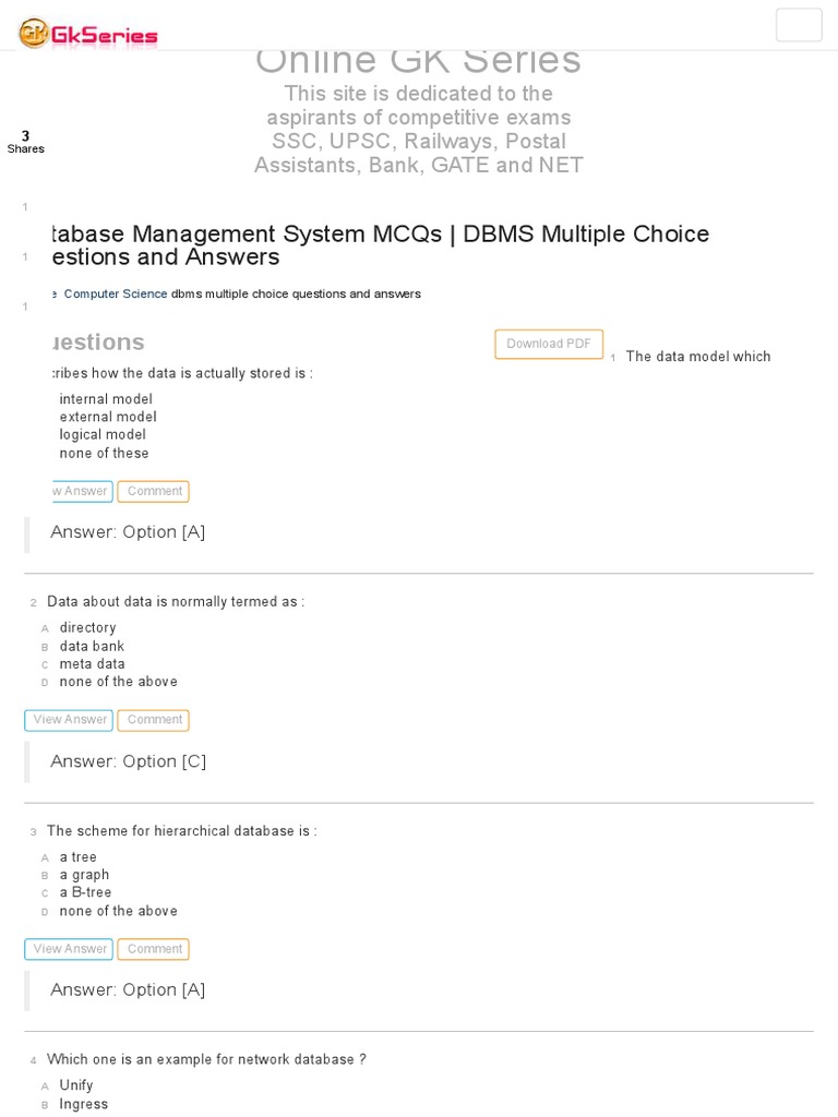 Dbms Mcqs Chapterwise Database Management Multiple Choice Questions And Answers Pdf Data