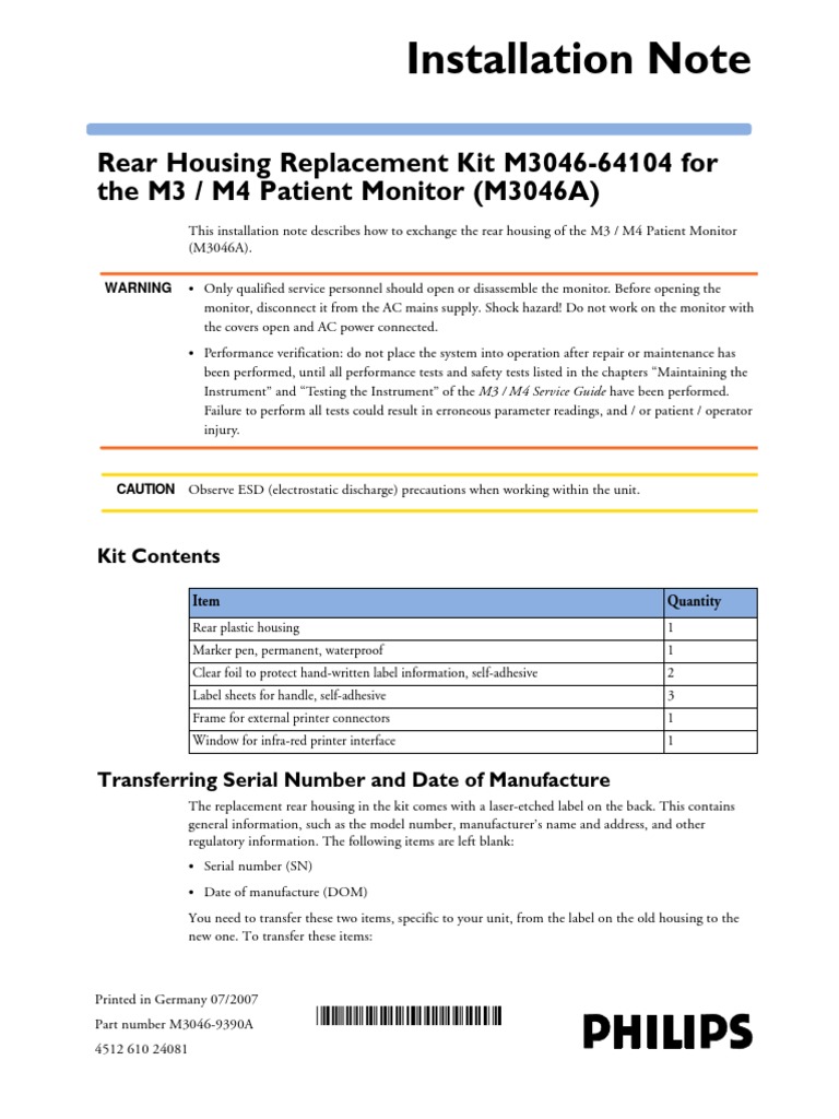 M3046A M3 M4 Patient Monitor Installation Note Rear Housing M3046-9390A ...