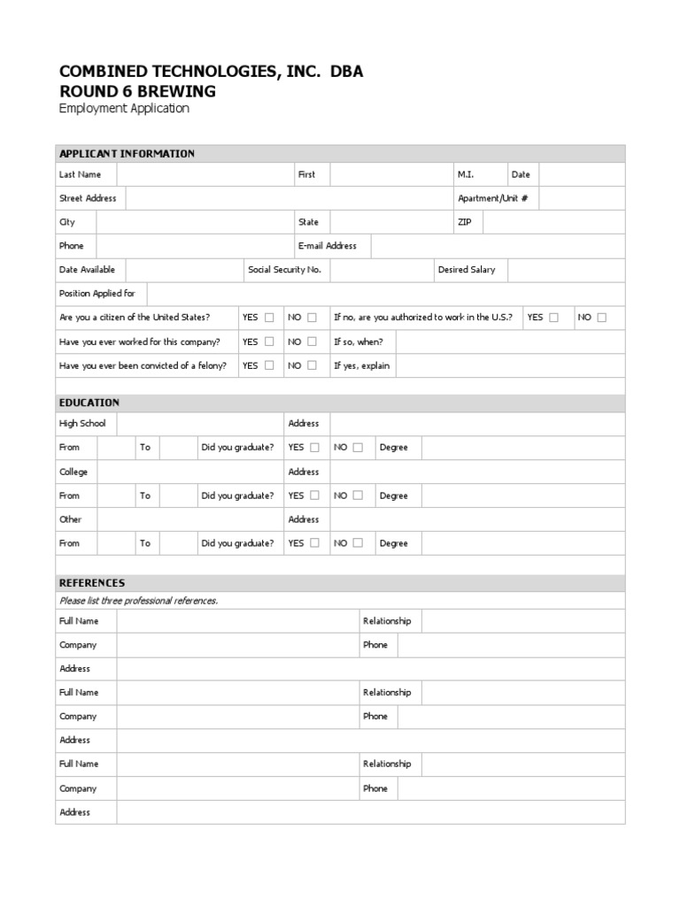 Employment Application For Round 6 Brewing | PDF | Military Discharge ...