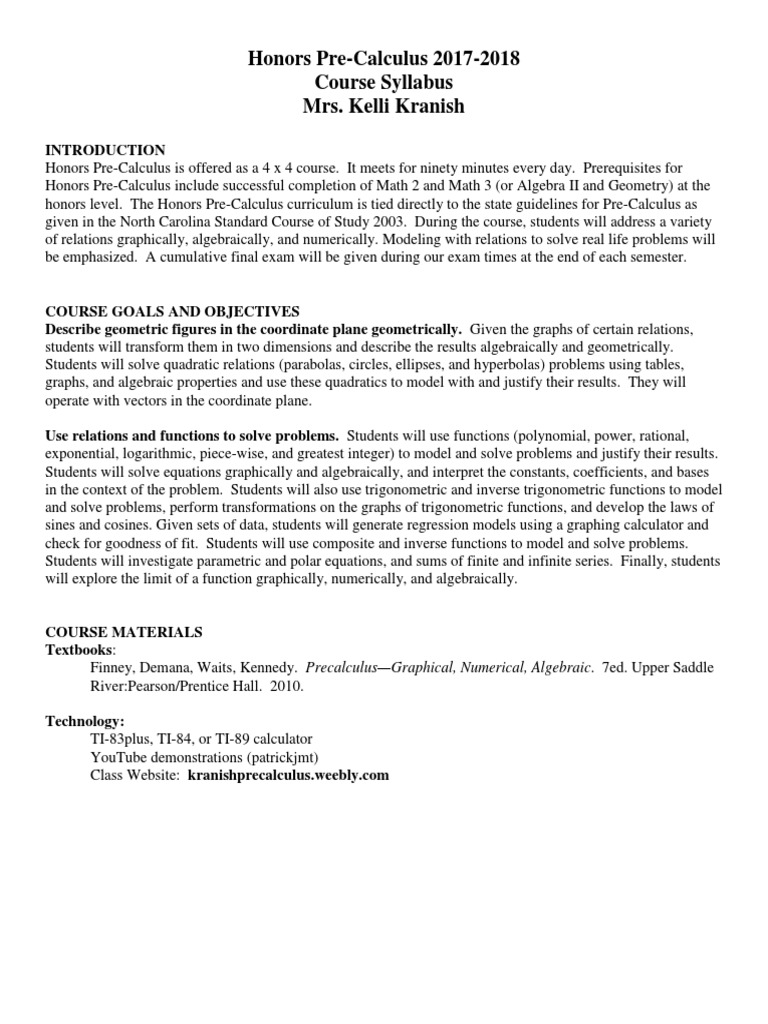 Honors Pre-Calculus - Syllabus - 2017-2018 | PDF | Trigonometric ...