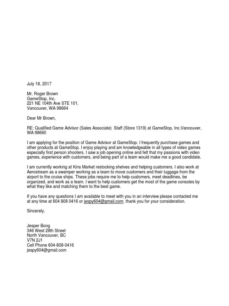 Jesper Cover Letter Gamestop | PDF