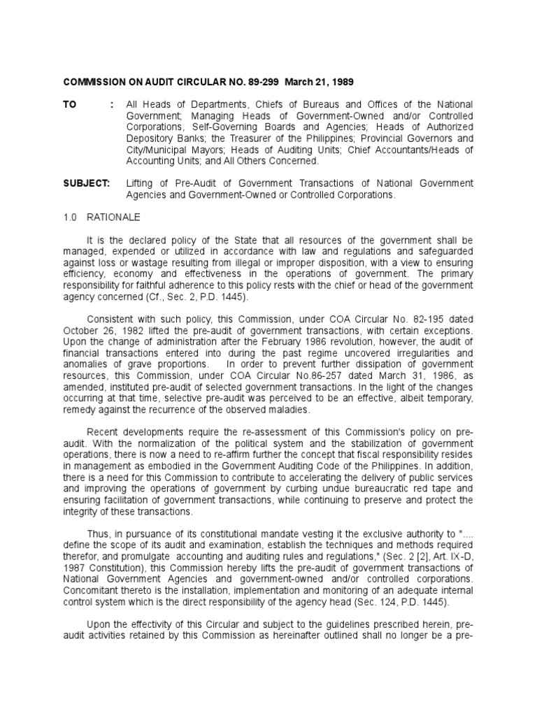 Commission On Audit Circular No. 89-299 March 21, 1989 TO | PDF ...