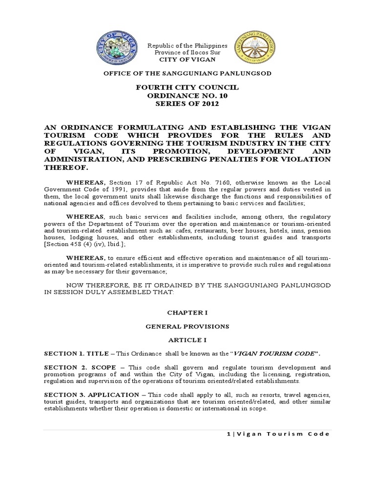 Ordinance No.10. Series of 2012-Vigan Tourism Code | PDF | Resort | Bar