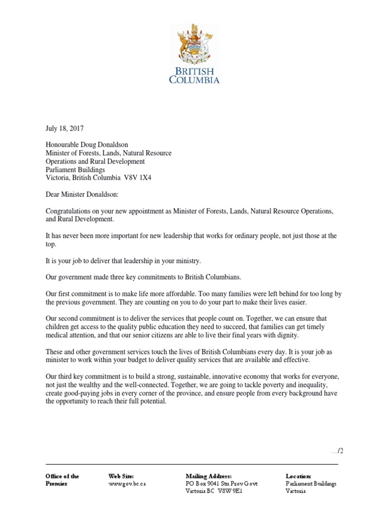 Mandate Letter: British Columbia Ministry of Forests, Lands, Natural ...
