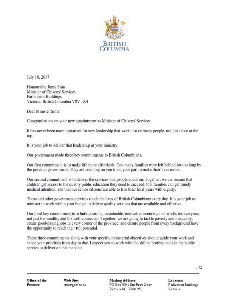 Mandate Letter: British Columbia Ministry of Citizens' Services ...