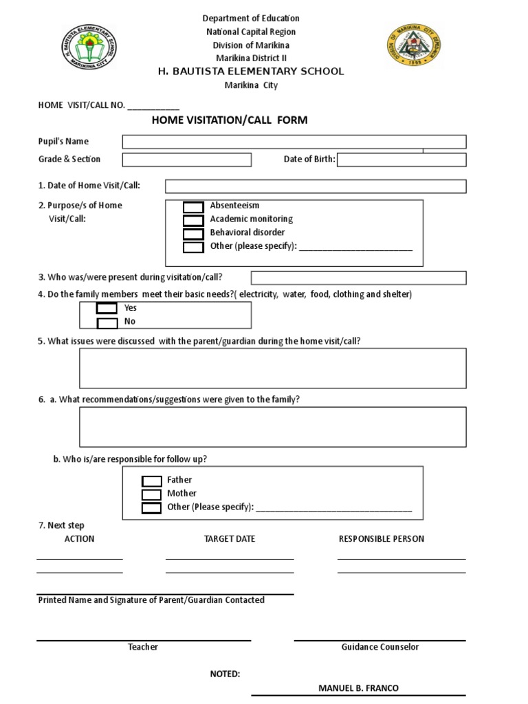 Home Visitation/Call Form: H. Bautista Elementary School | PDF