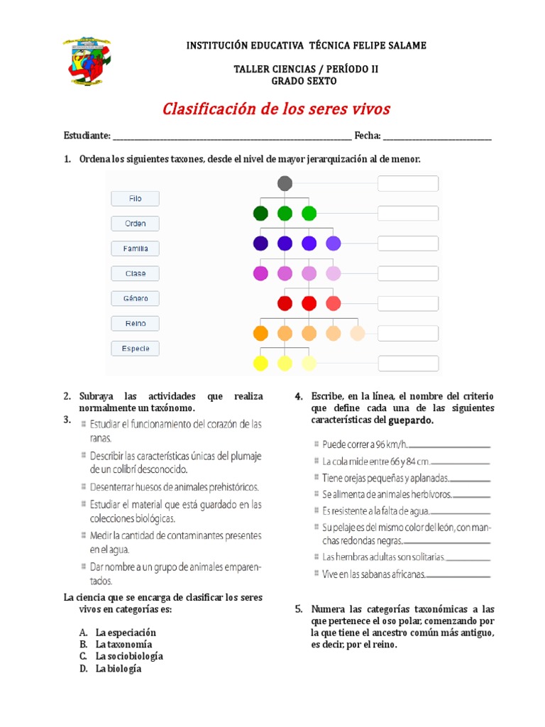 Taller Clasificación Seres Vivos | PDF