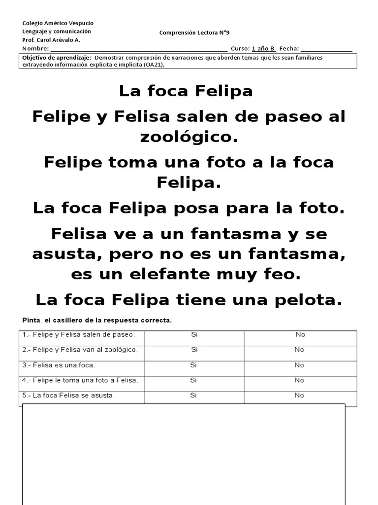 comprensión lectora La foca Felipa