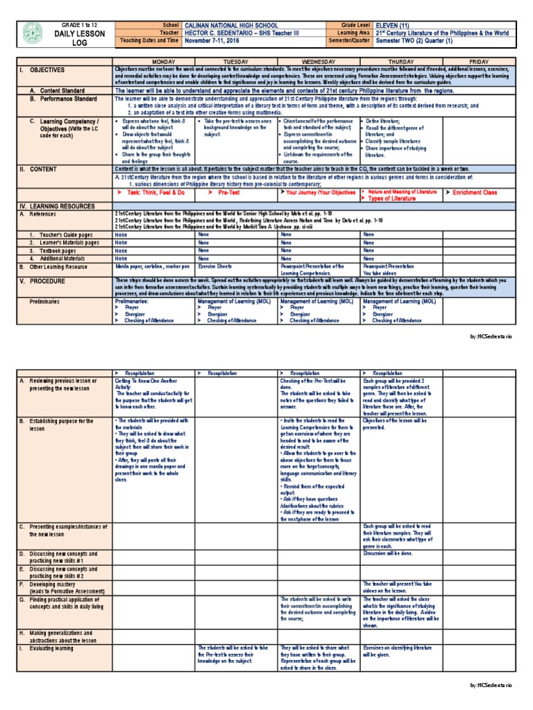 DAILY LESSON LOG 21st Century Lit. Whole Sem HCSedentario | Educational ...