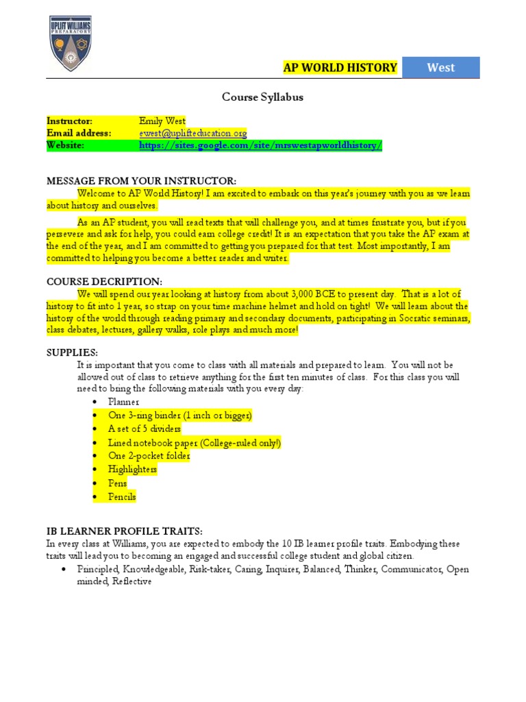 Ap World History Course Syllabus: Instructor: Email Address: Website ...