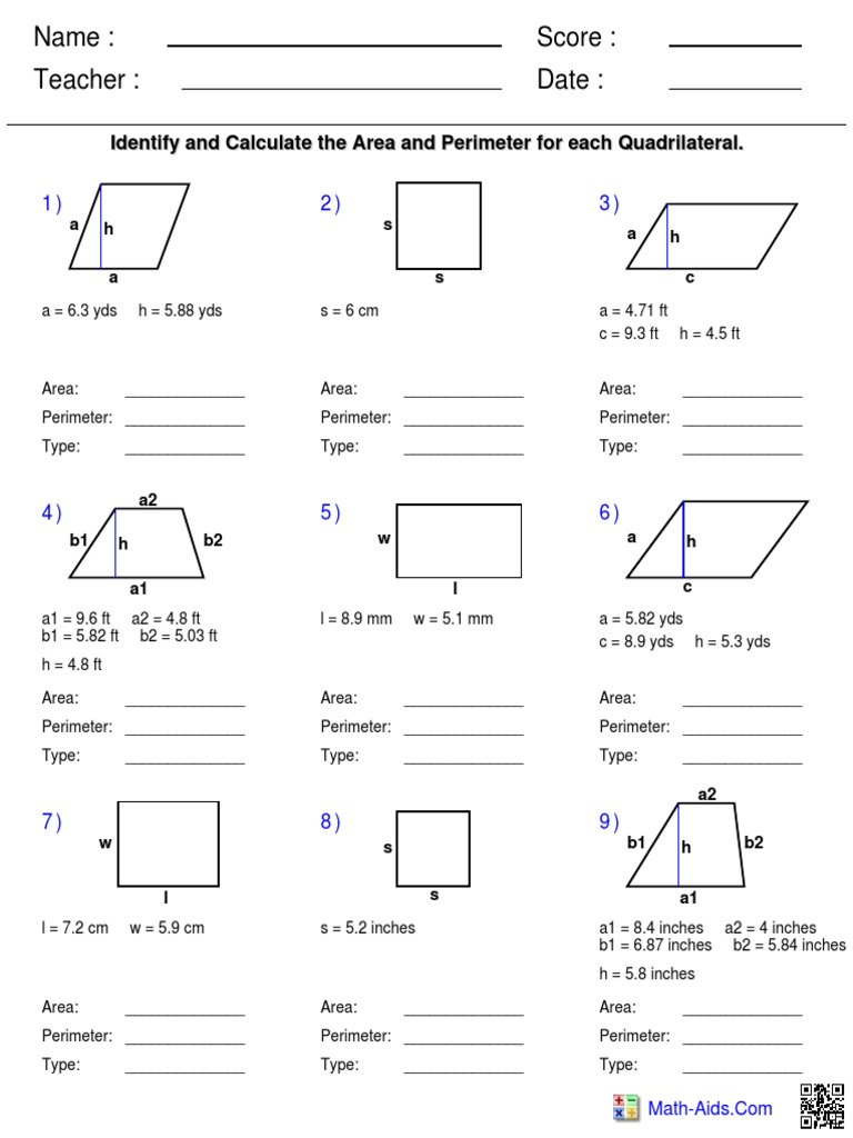 Area and Perimeter of Quadrilaterals | PDF | Area | Elementary Geometry