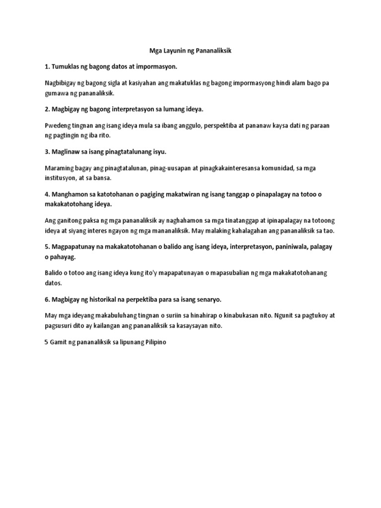 Mga Layunin Ng Pananaliksik