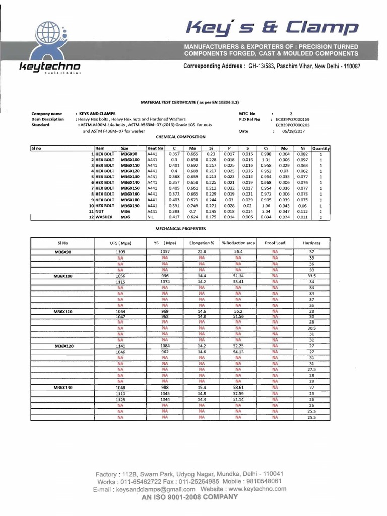Pages From Certificate of Conformance For Lot-2 ASTM A490M Bolts, Nuts ...