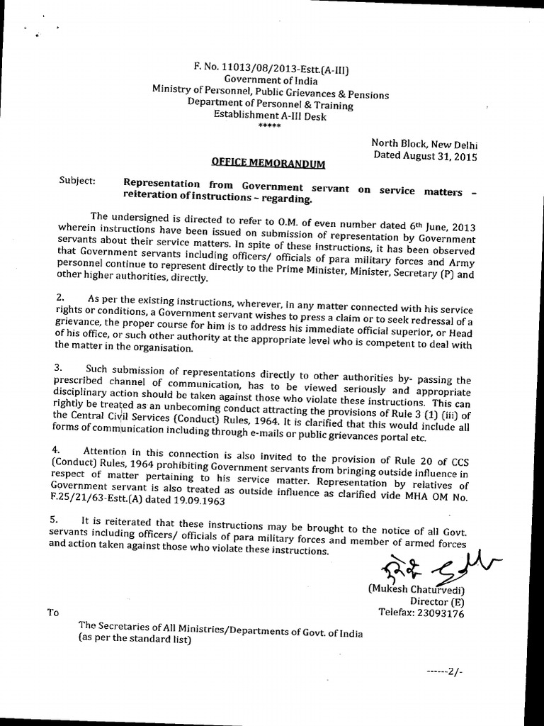 DOPT OM On Service Matters (English) 31!08!2013-Estt-A-III-Eng | PDF | Government Of India | Delhi