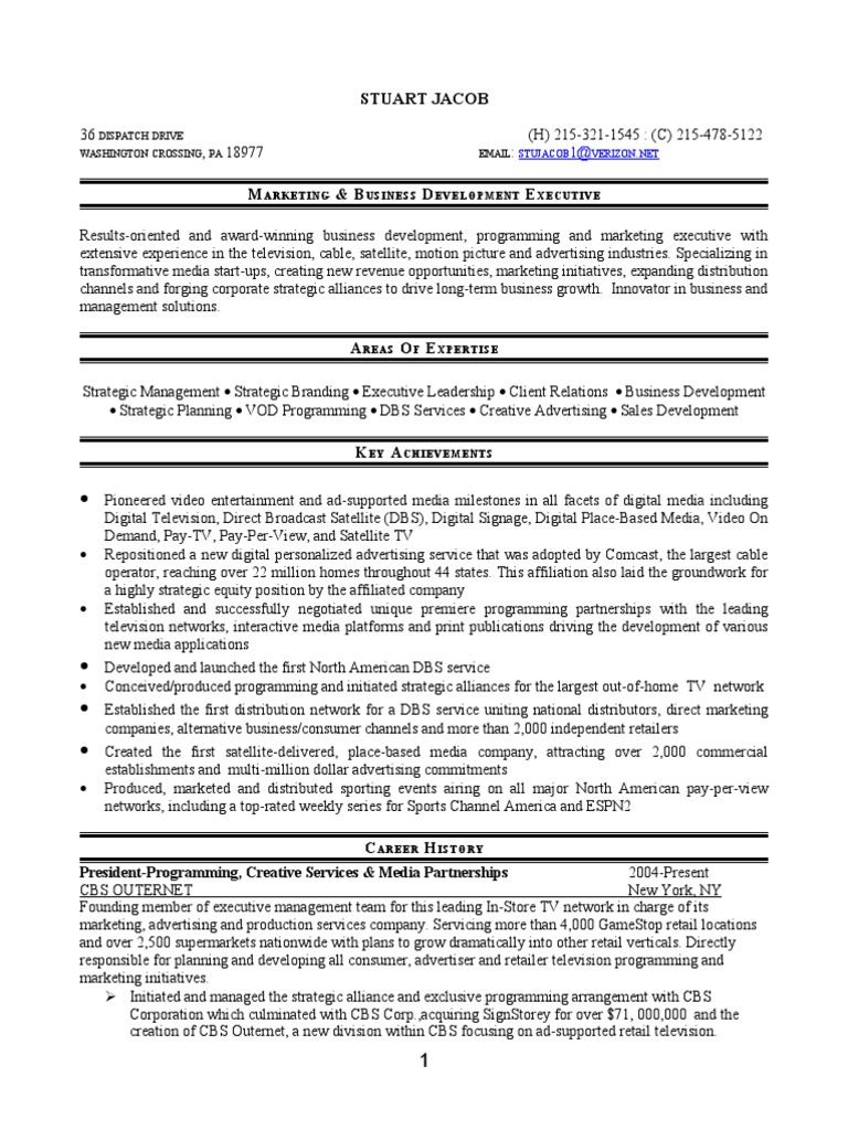 Stuart Jacob Resume'10 | PDF | Satellite Television | Television Network