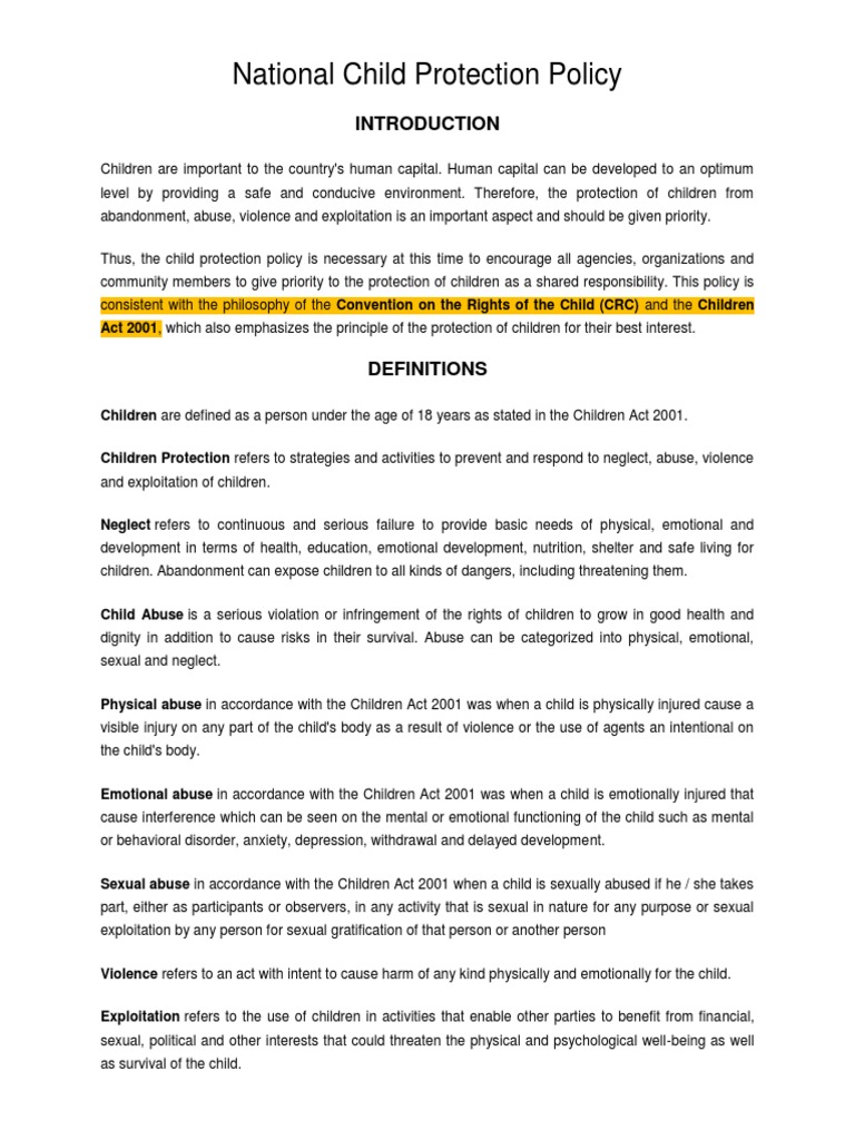 National Child Protection Policy Overview | PDF | Child Protection ...