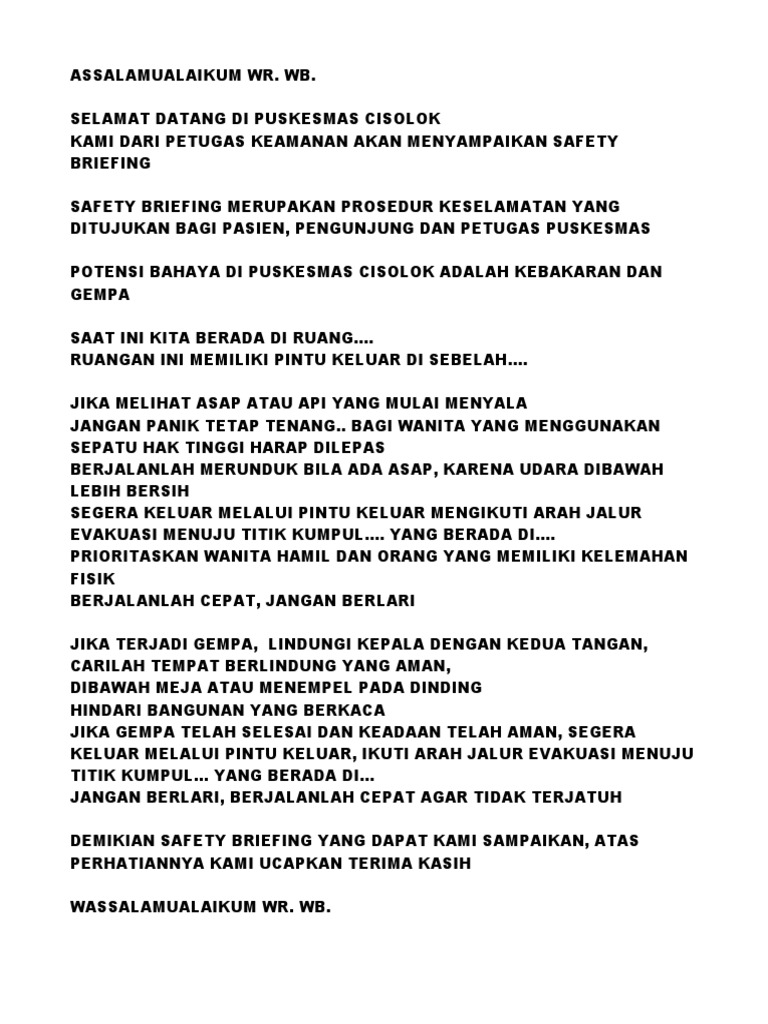 Prosedur Safety Briefing Puskesmas Cisolok | PDF