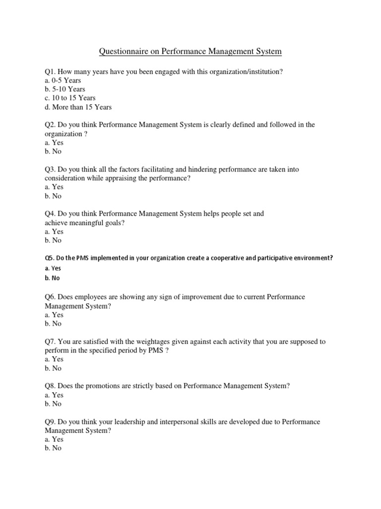 PMS Related Questionnaire | PDF | Performance Management | Applied ...