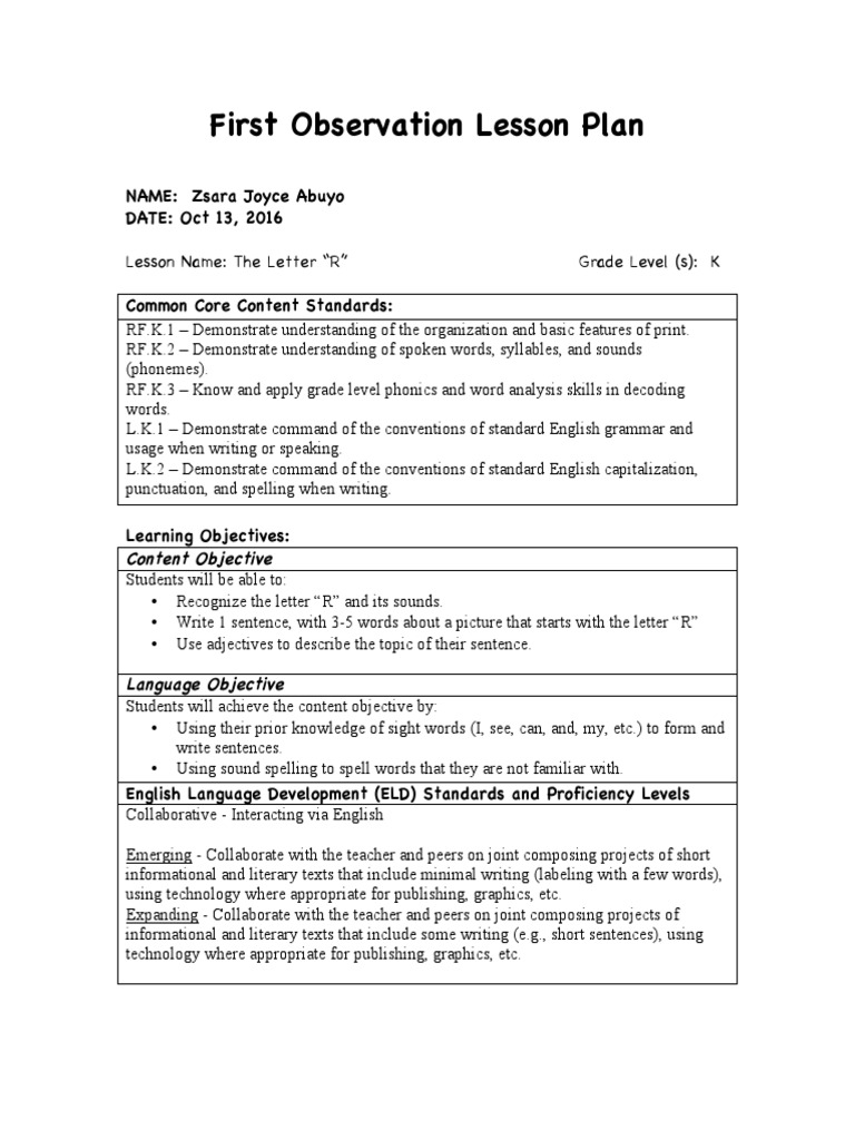 First Observation Lesson Plan | PDF | English Language | Language ...