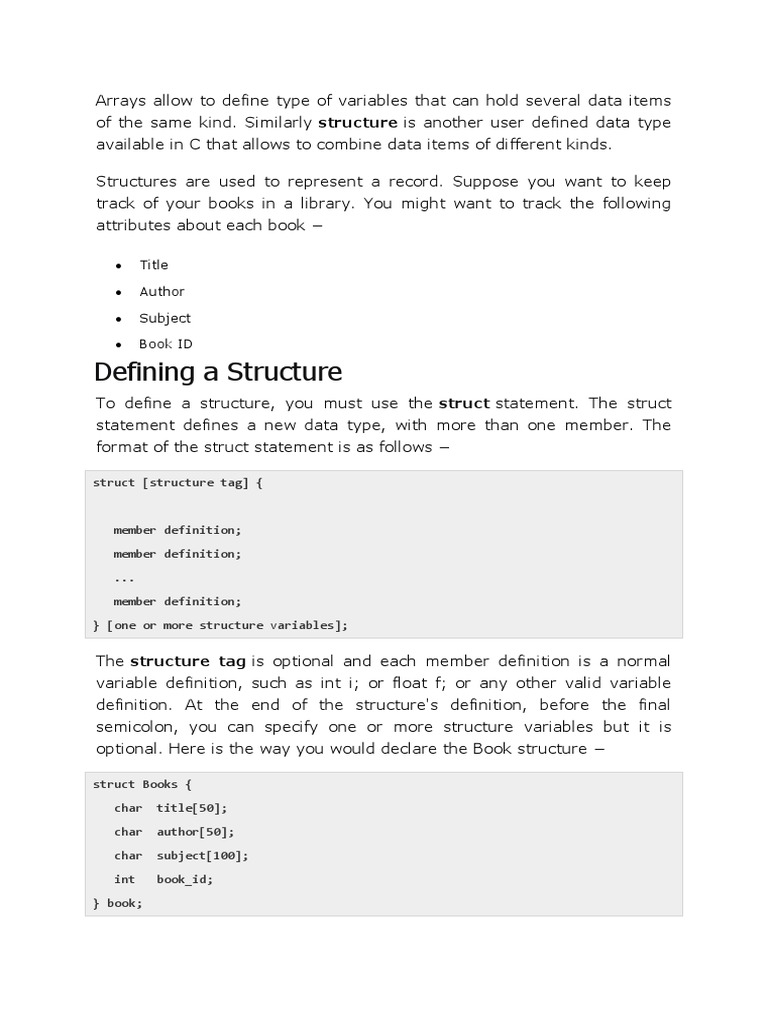 Defining A Structure: Title Author Subject Book ID | Download Free PDF ...