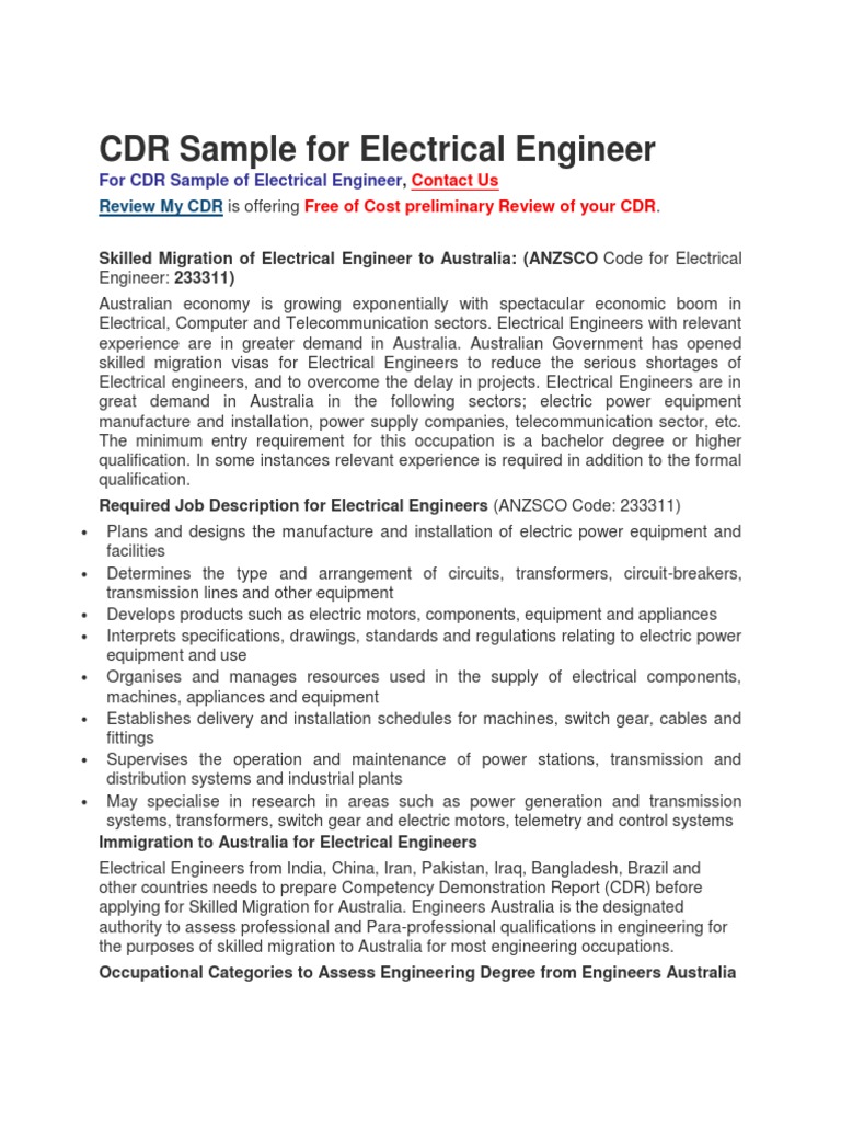 CDR Sample For Electrical Engineer ReviewMyCDR | PDF | International ...
