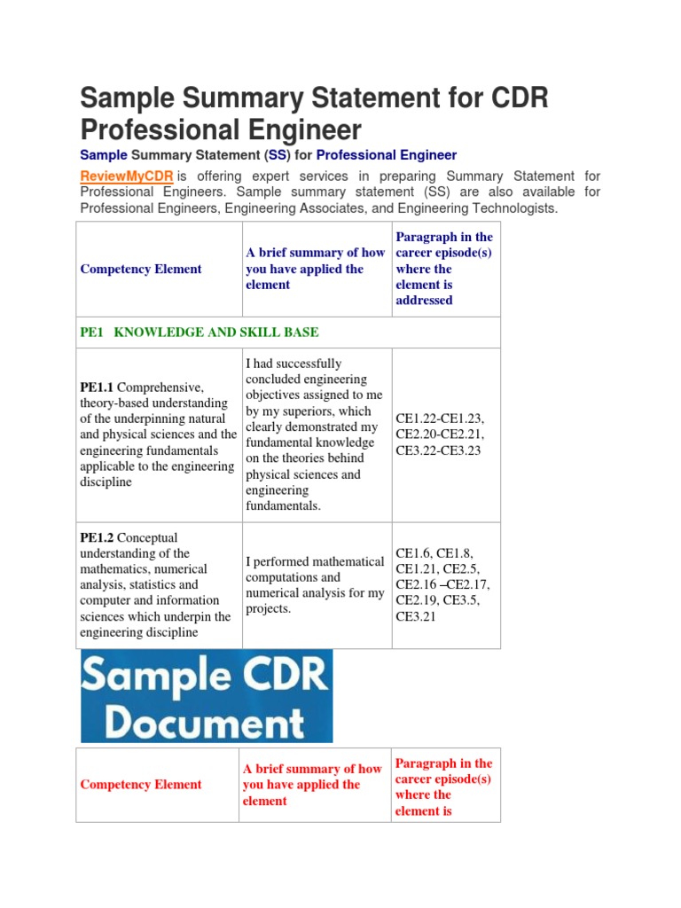 Sample Summary Statement For Professional Engineer, ReviewMyCDR | PDF ...