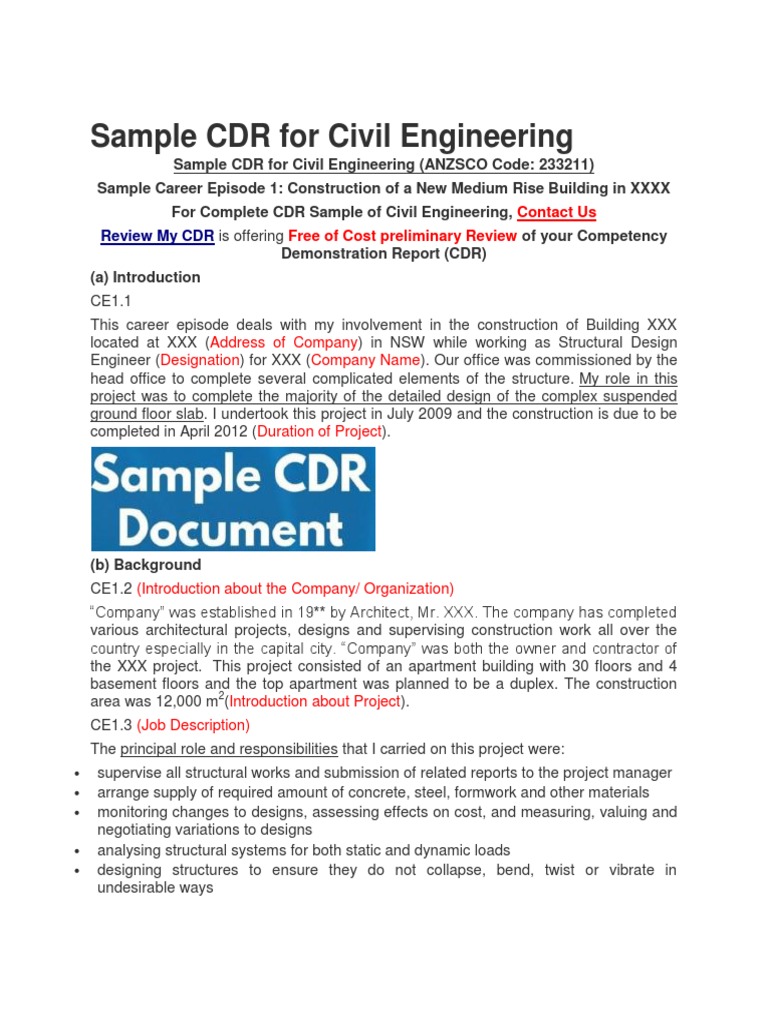 Sample CDR for Civil Engineering,ReviewMyCDR | Project Management ...