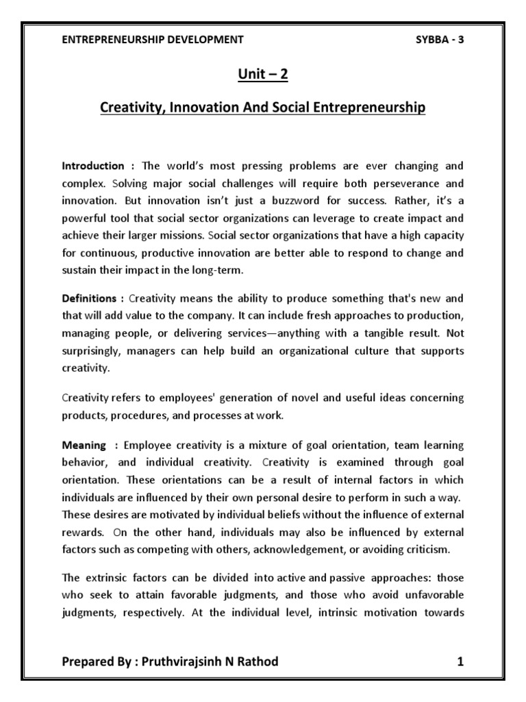 Unit - 2 Creativity, Innovation and Social Entrepreneurship: Prepared ...