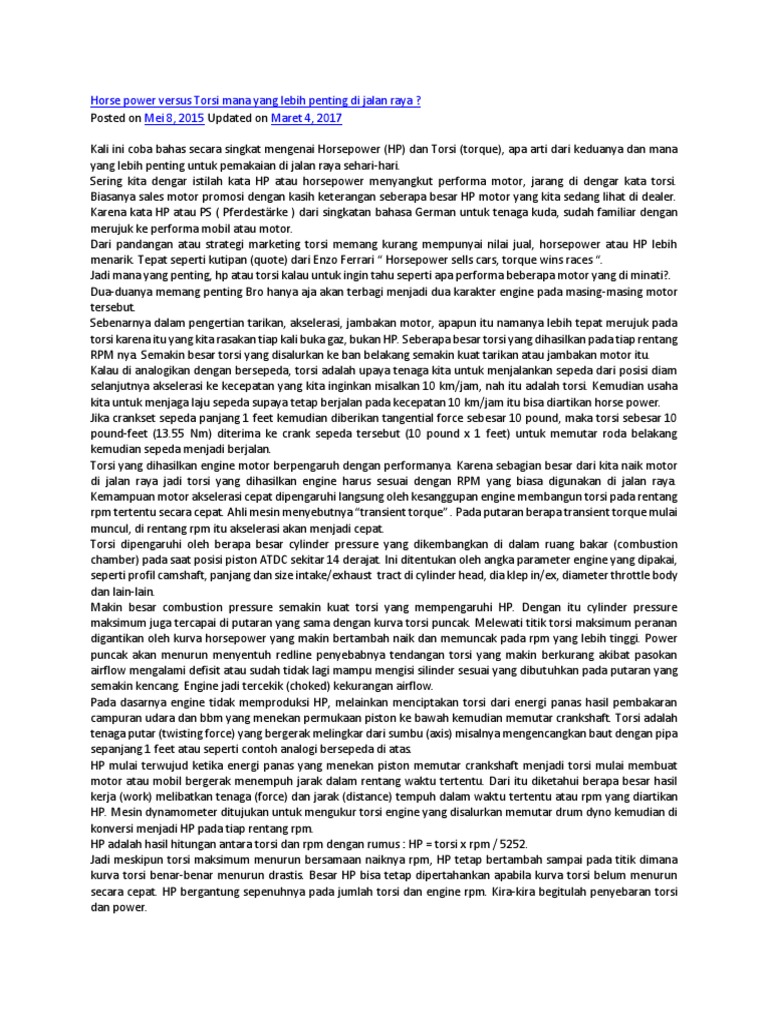 Horse Power Versus Torsi Mana Yang Lebih Penting Di Jalan Raya | PDF