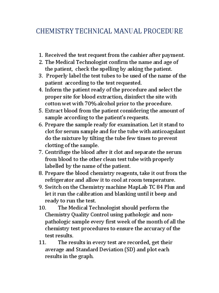 Chem Tech Manual Procedure | PDF | Blood Sugar | Medical Specialties