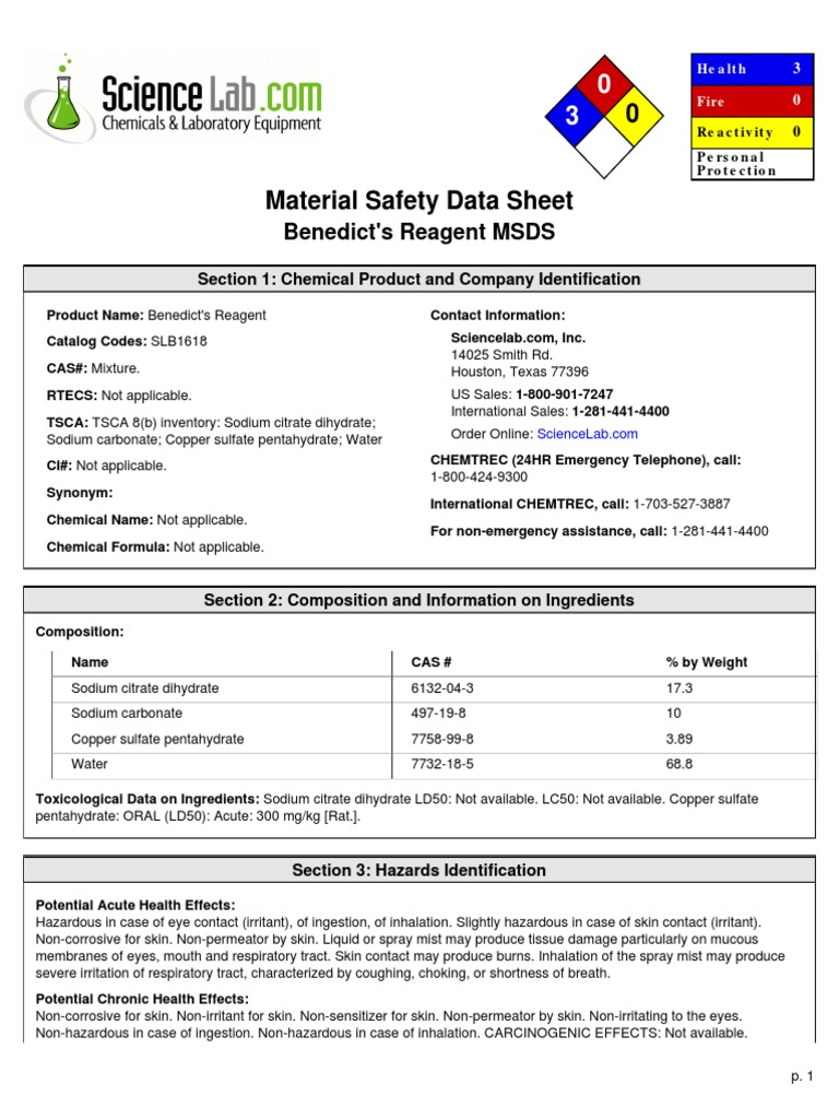 Benedict's Rgt MSDS | Toxicity | Personal Protective Equipment