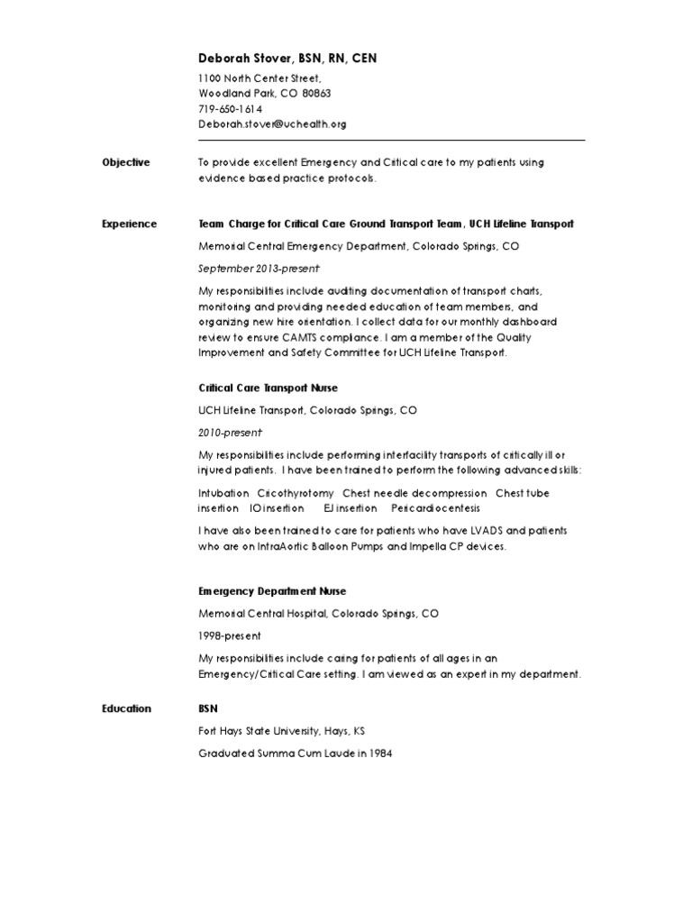 Deborah Stover RN Resume | PDF | Emergency Department | Nursing