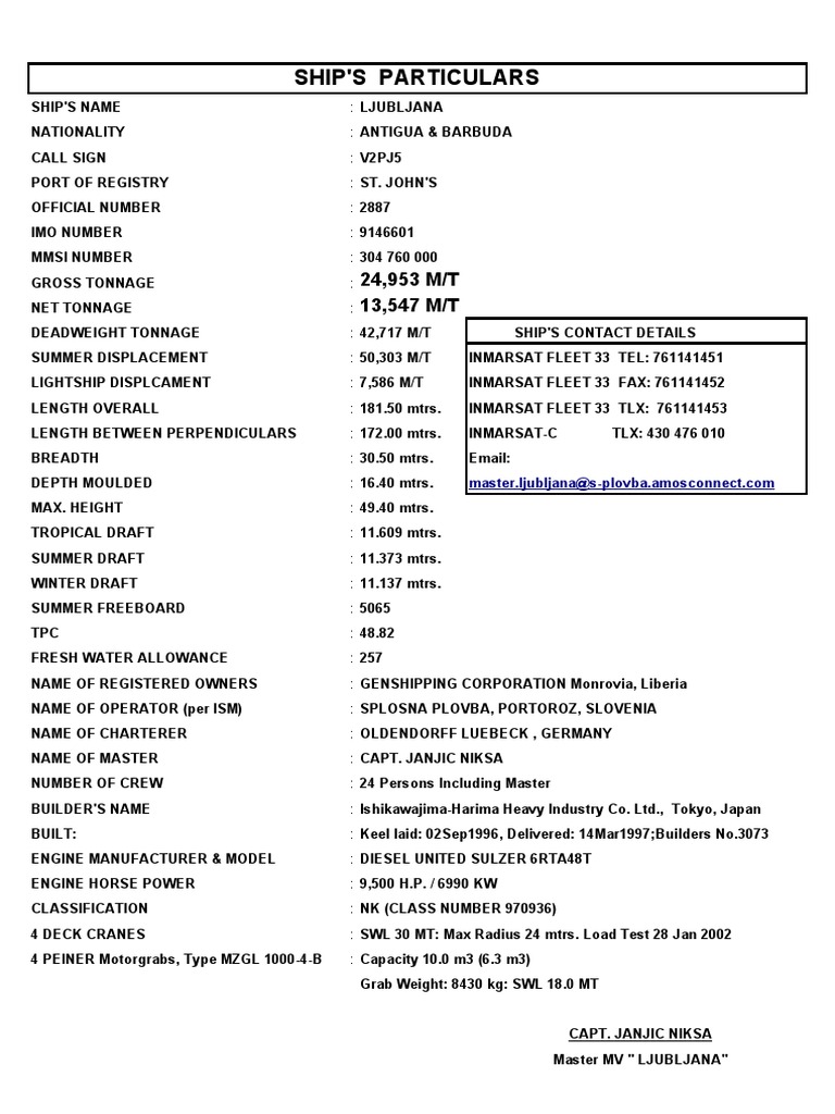 Ship'S Particulars: 24,953 M/T 13,547 M/T | PDF | Tonnage | Water Transport