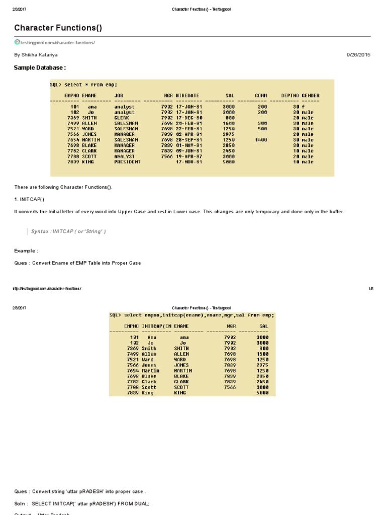 Character Functions : Sample Database | PDF | String (Computer Science) | Letter Case