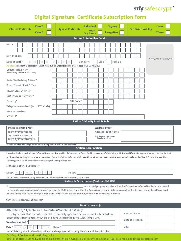 Digital Signature Certificate Subscription Form | PDF | Public Key ...